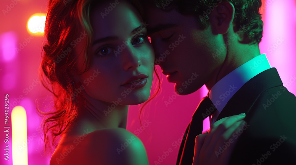 A romantic and intimate moment between a couple in a neon-lit setting ...