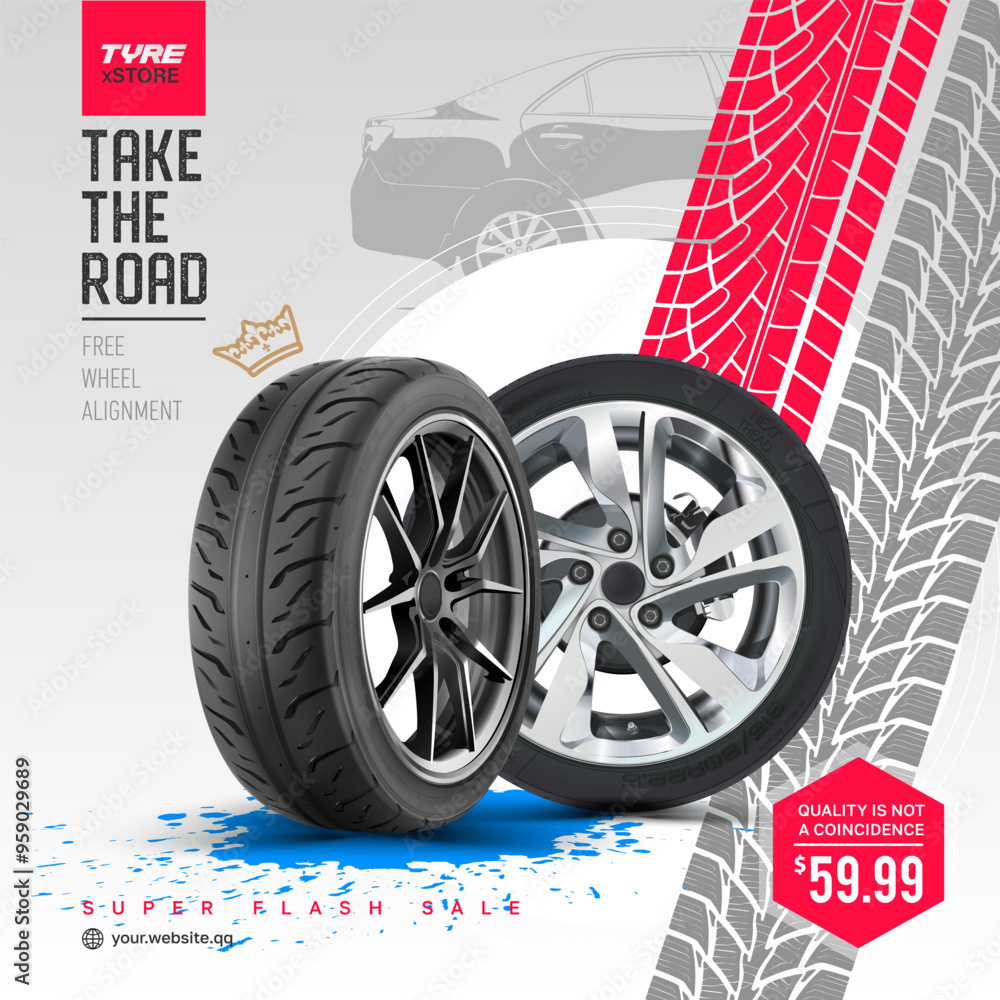 Tire car advertisement poster. Information. Store. Action. Landscape ...