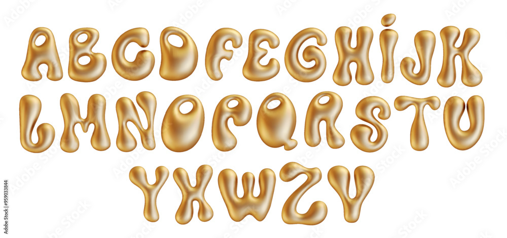 Gold Liquid font in Y2K style PNG. Vector realistic 3d golden inflated ...