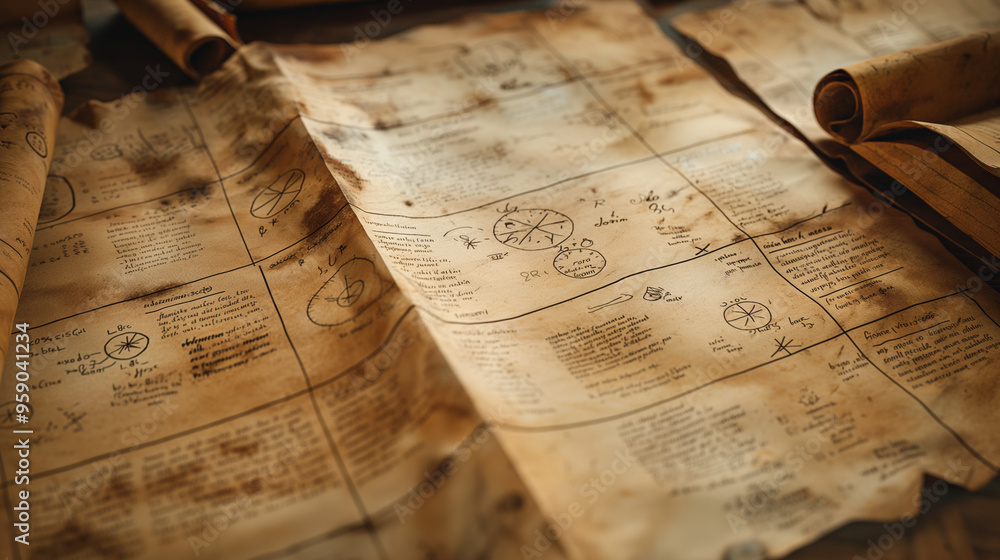 Historical timeline on parchment paper with handwritten notes and ...