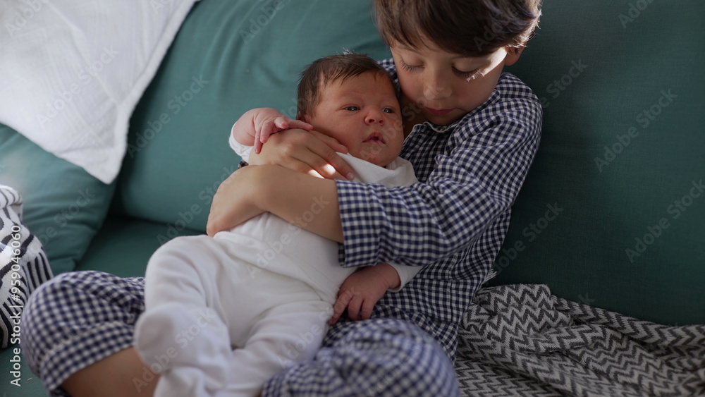 Young boy lovingly holding his newborn sibling on the couch ...