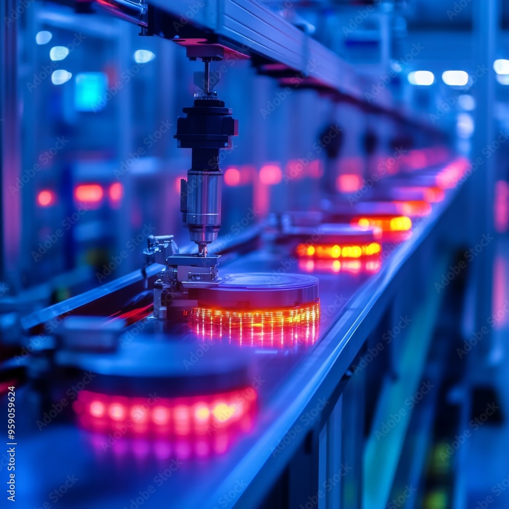 Automated production line with glowing red lights and a robotic arm ...