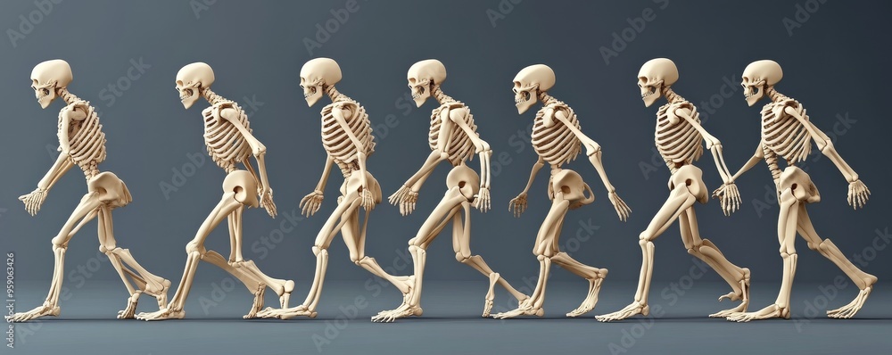 Anatomical skeletons depict the stages of walking, showcasing human ...