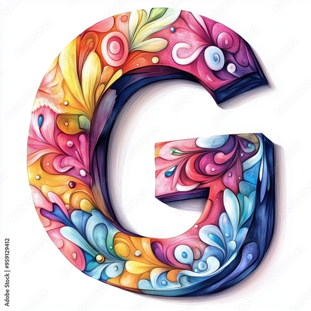 Alphabet Letter G Typography Drawing, English ABCs Ornate Design ...