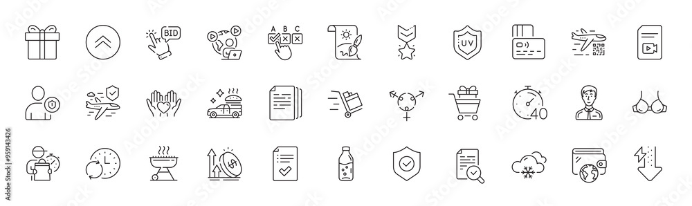 Copy documents, Card and Security line icons. Pack of Winner medal ...