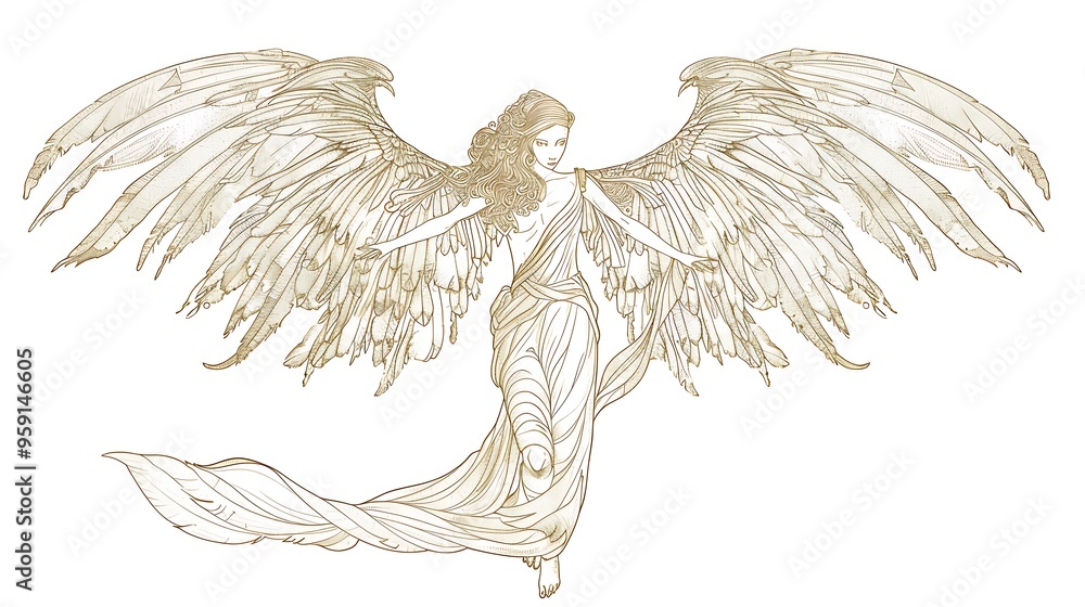Ethereal angel, line illustration isolated on solid white background ...
