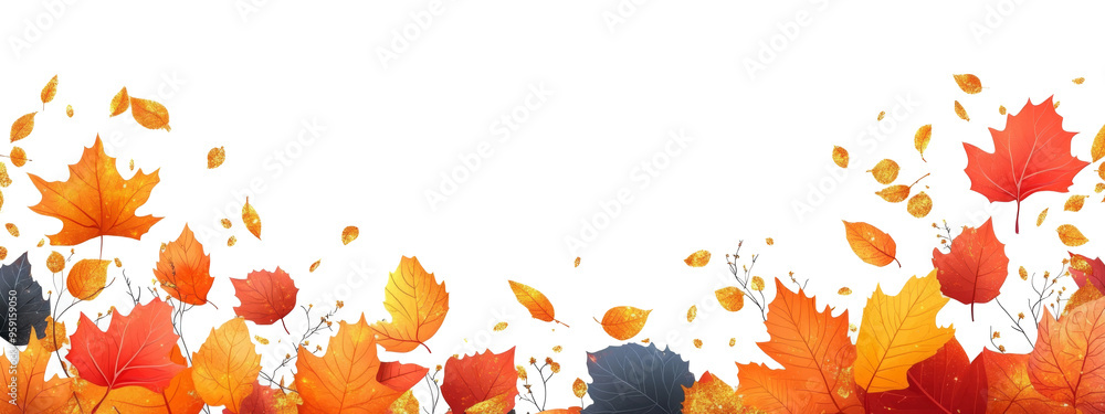 Autumn seasonal background with long horizontal border made of falling ...
