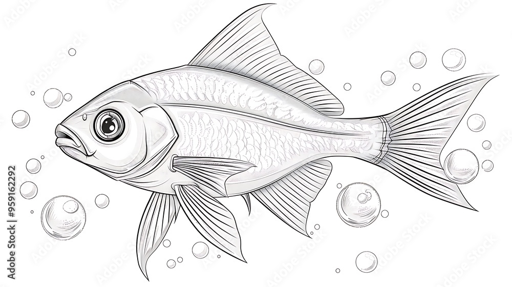 Line drawing of a fish swimming with bubbles isolated on solid white ...
