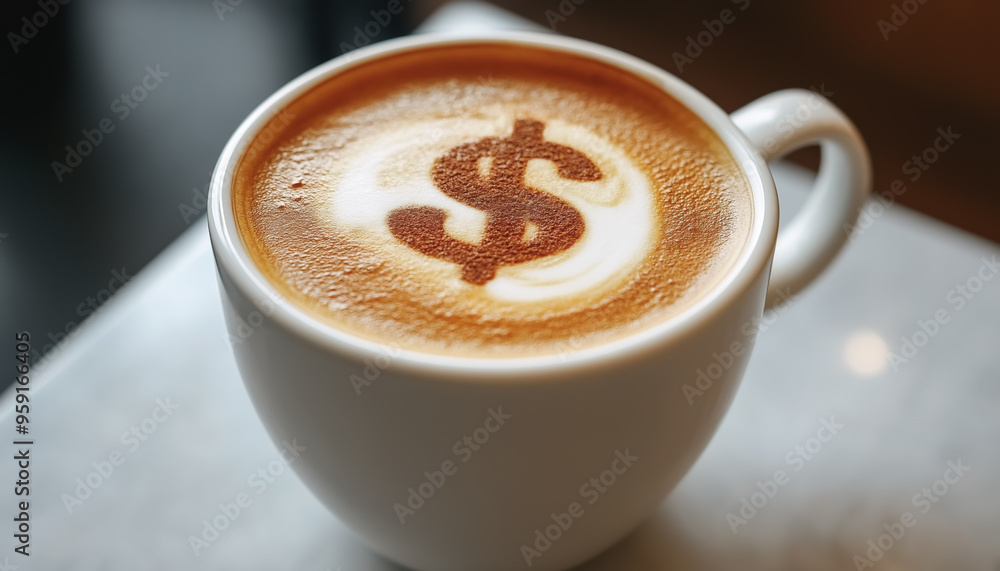 Cup of coffee with latte art on top showing dollar symbol. Business ...