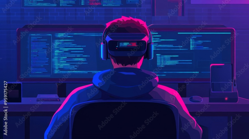 Programmer coding frontend tools, virtual reality displays, high-tech ...