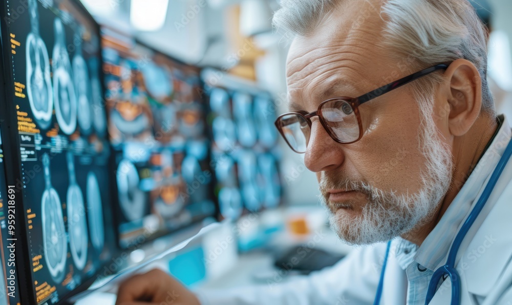 Doctor Examining Patient’s X-Ray on a Lightbox with Serious ...
