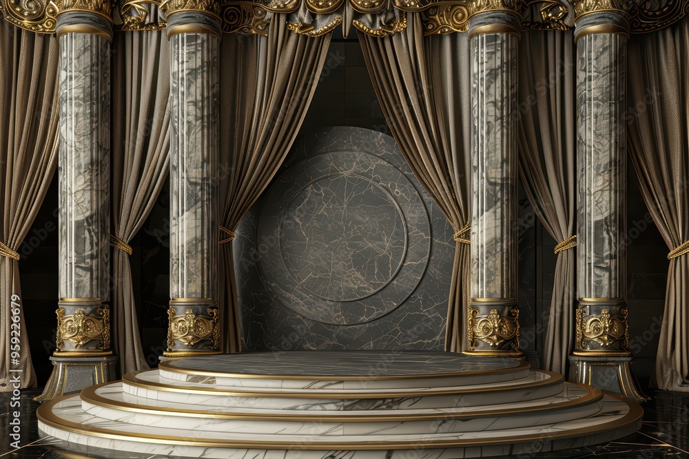 Elegant stage design featuring marble columns, luxurious drapes, and a ...