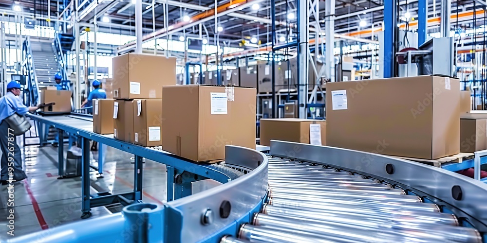 Efficient factory packaging and distribution area with workers ...