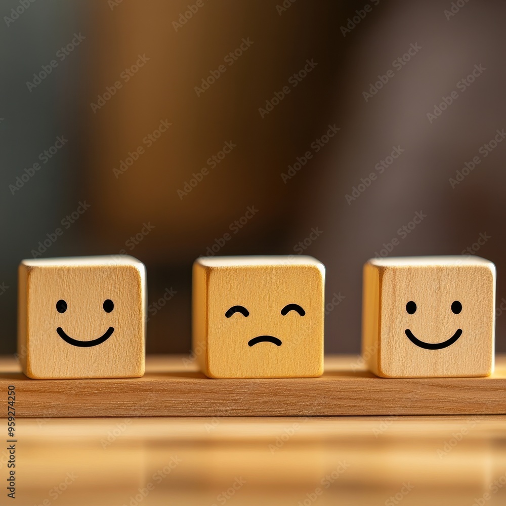 Three wooden blocks with smiley faces representing different emotions ...