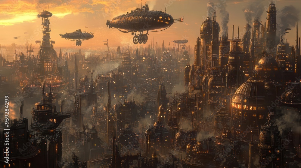 A sprawling steampunk metropolis with towering brass gears ...