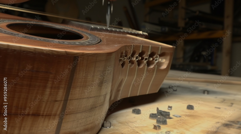 Luthier restoring a traditional oud focusing on the sound hole design ...