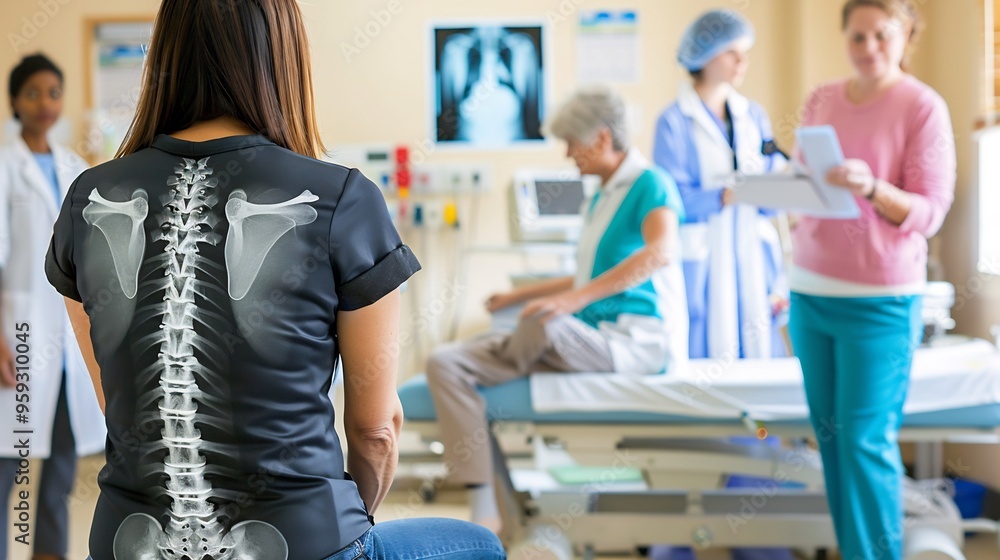 Busy hospital radiology department with an Xray machine in use ...