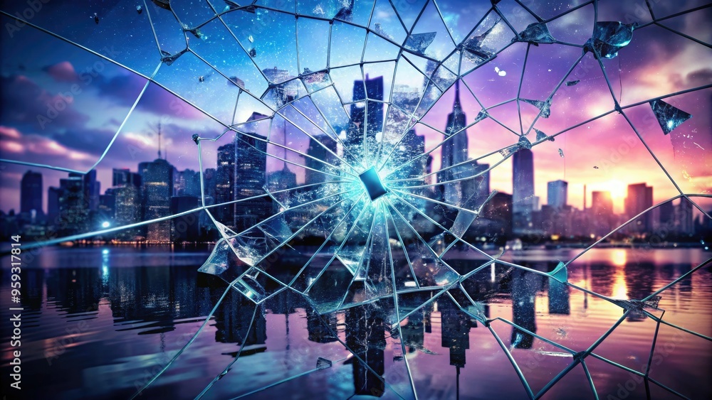 social media icon fragmented into shattered glass pieces with eerie ...