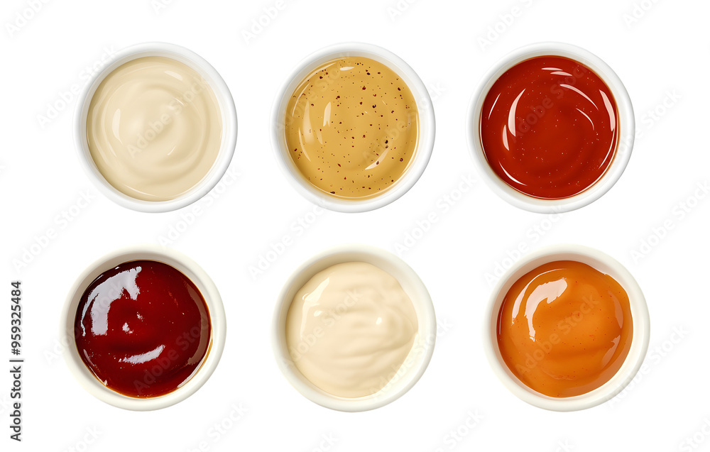 Six different dipping sauces in small white bowls, top view, isolated ...