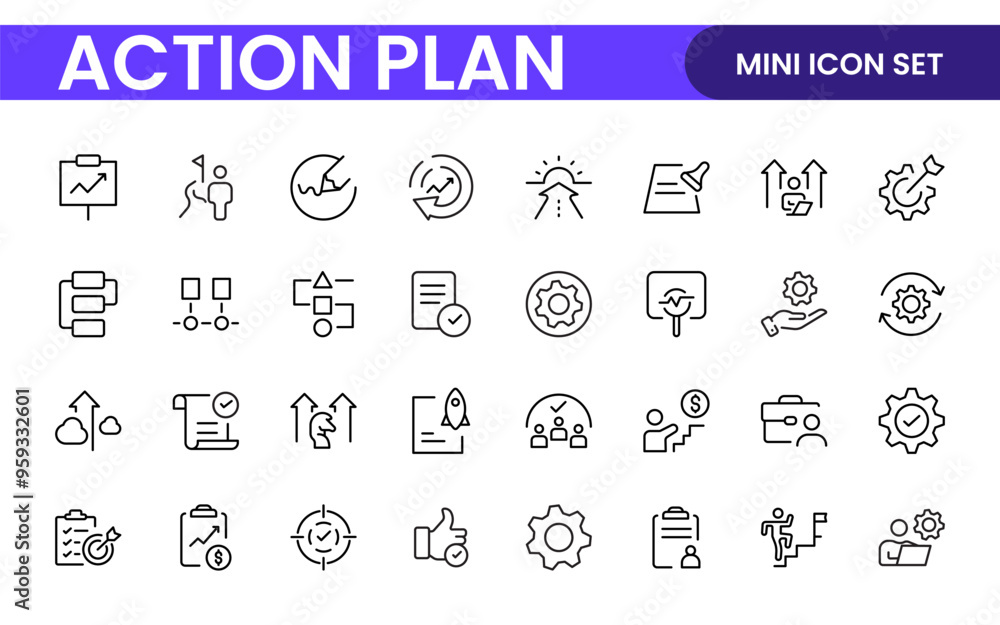 Line icons about action plan. Contains such icons as search strategy ...