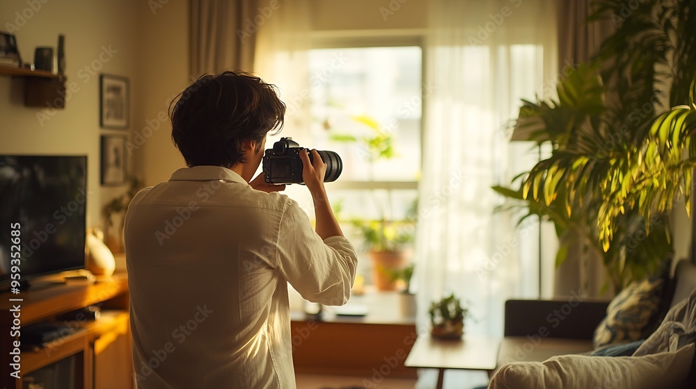 Male professional photographer shooting indoors in the living room home ...