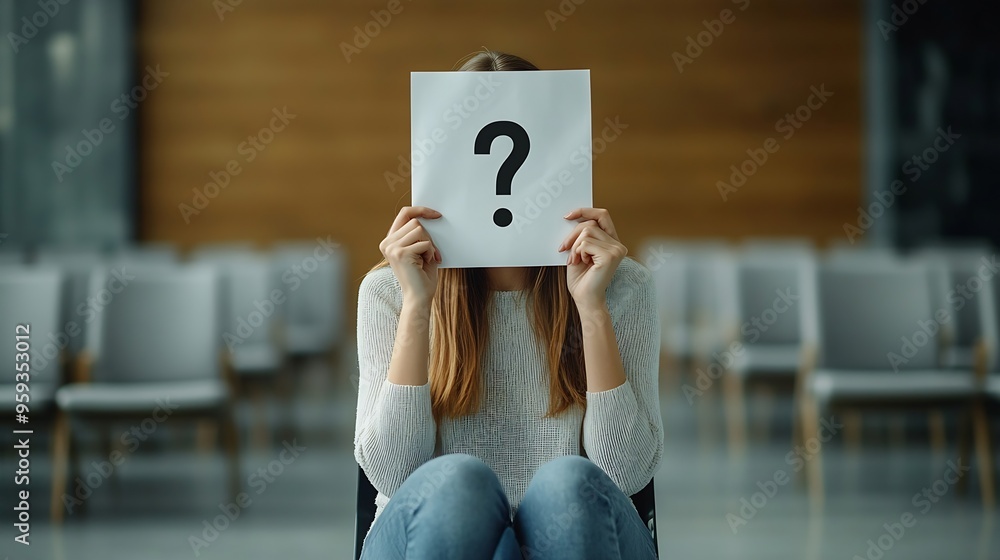 Young woman candidate hiding face behind sheet with question mark ...
