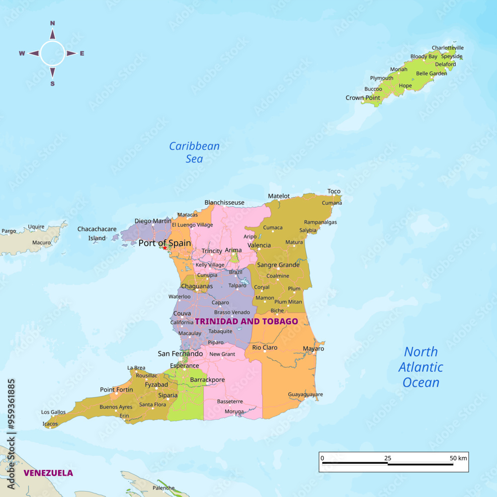 Trinidad and Tobago political map with capital , cities, towns ...