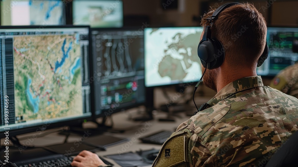 Military Soldier Using Computer with Map on Screen Stock Illustration ...