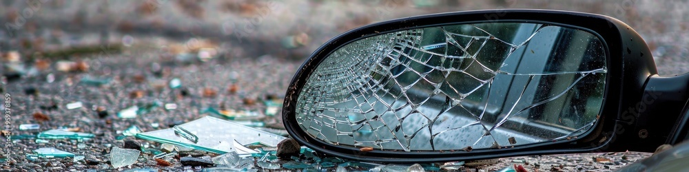 Broken car side mirror glass fragments spread on road following an ...