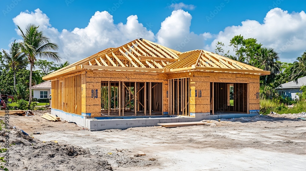 Suburban singlefamily house under construction with framework of wooden ...