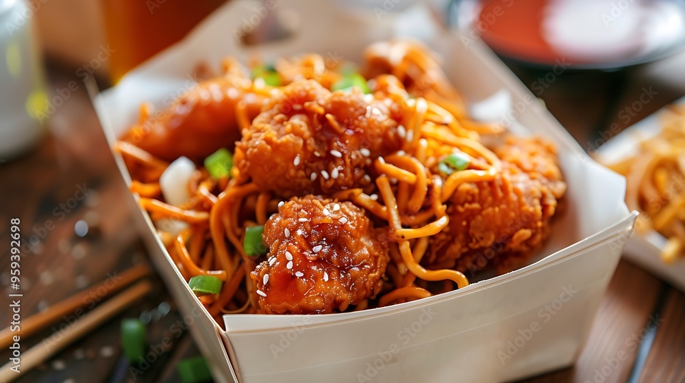 Delicious take out order of crispy breaded chicken with chow mein ...