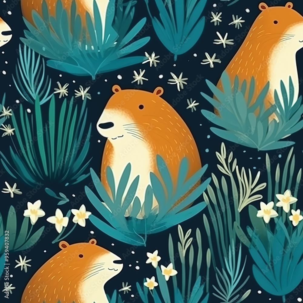 Cute capybara seamless pattern. Funny capibara, adorable exotic animal. South America mammal ...