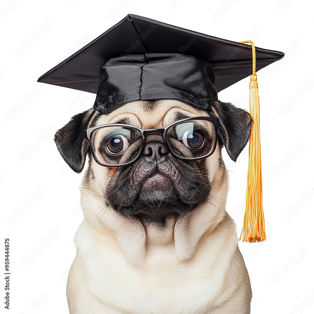 Cute pug dog wearing graduation cap and eyeglasses, symbolizing ...