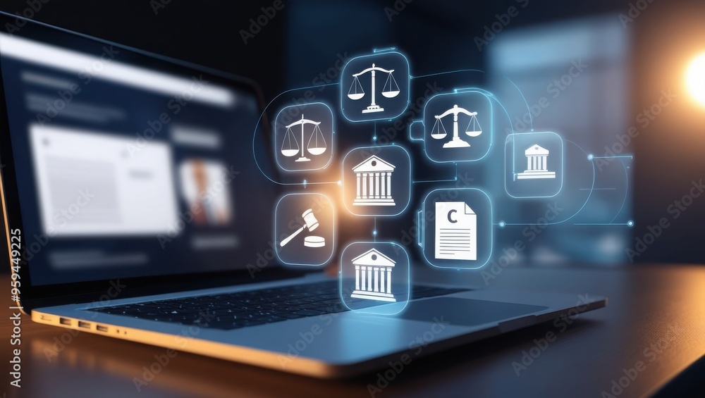 lose-up of a laptop keyboard , legal icons including a balanced scale ...