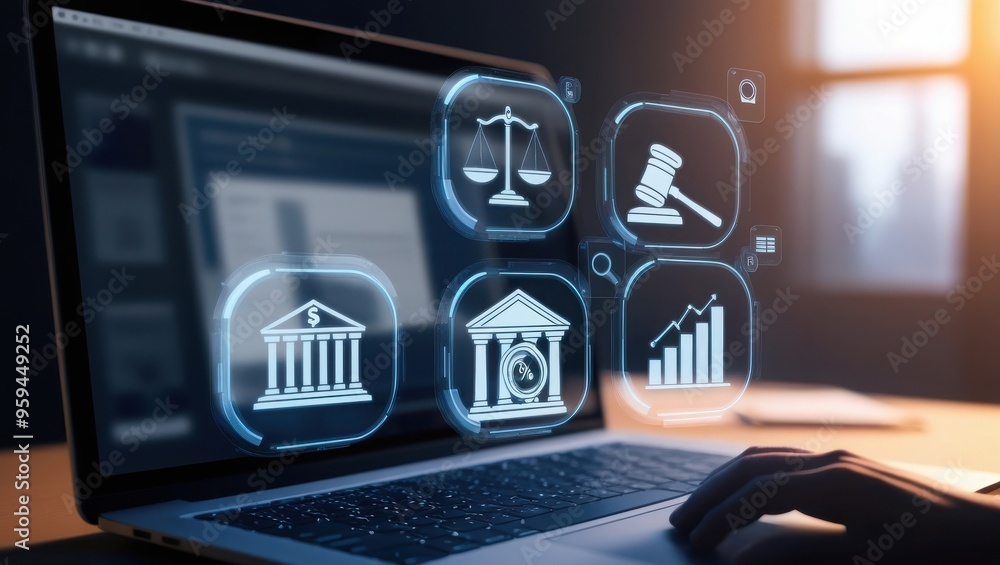close-up of a laptop keyboard , legal icons including a balanced scale ...