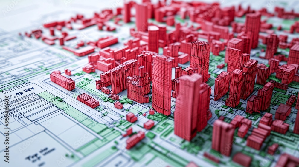 A detailed, technical blueprint showcasing urban planning and city ...