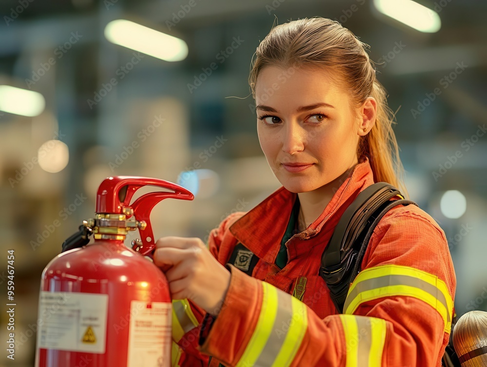 Female firefighter demonstrating the use of a fire extinguisher, fire ...
