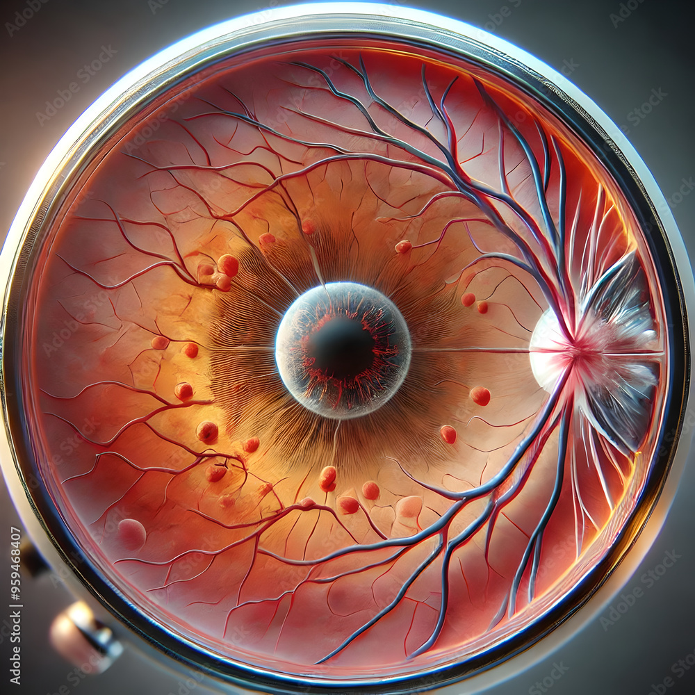 Eye anatomy: 3D image of a retinal examination using an ophthalmoscope ...
