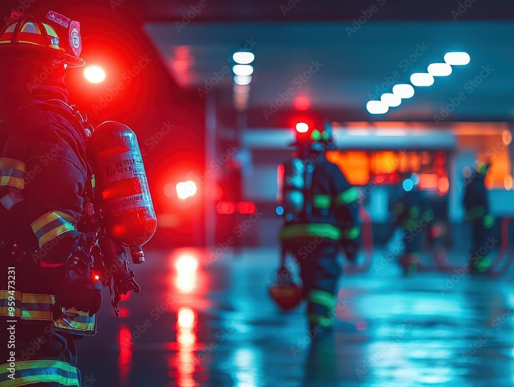 Emergency lights flashing at a fire station, firefighters with ...