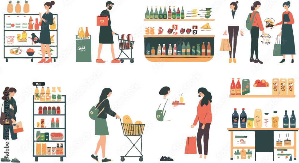 Set of different customers in a grocery store. People make purchases of ...