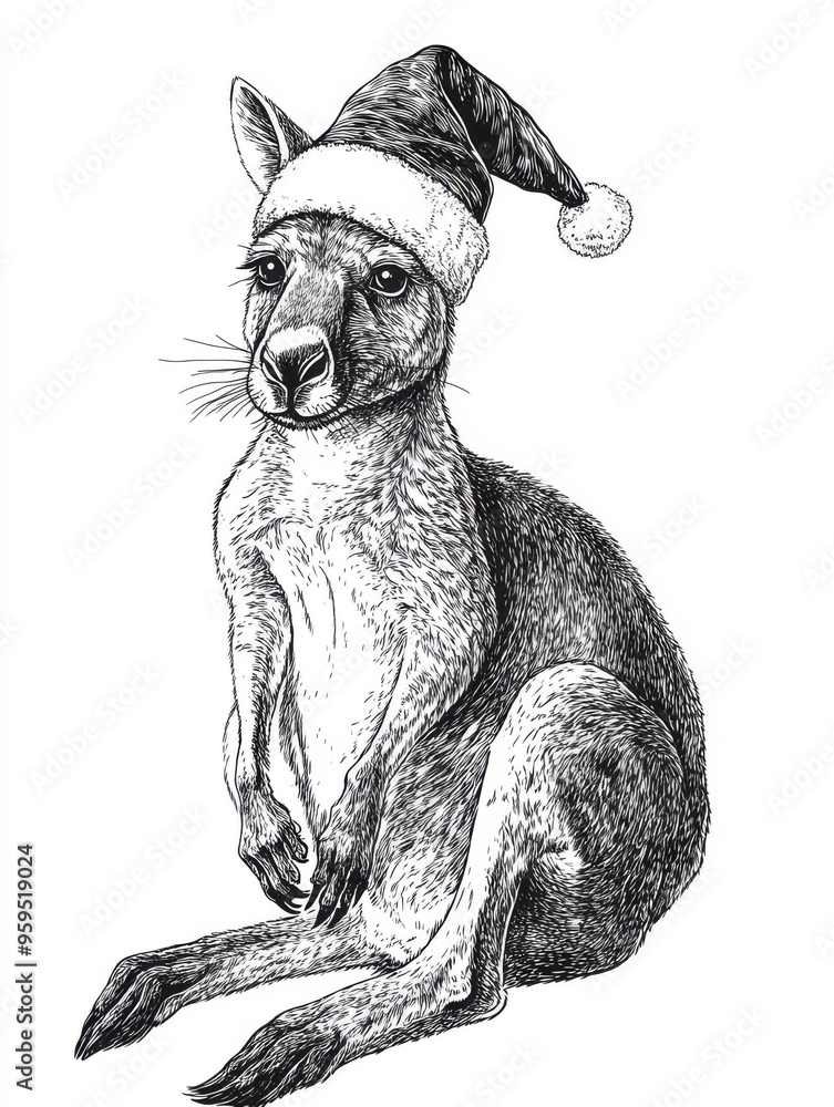 Black and white Vintage engraved art of a full-body kangaroo wearing a ...