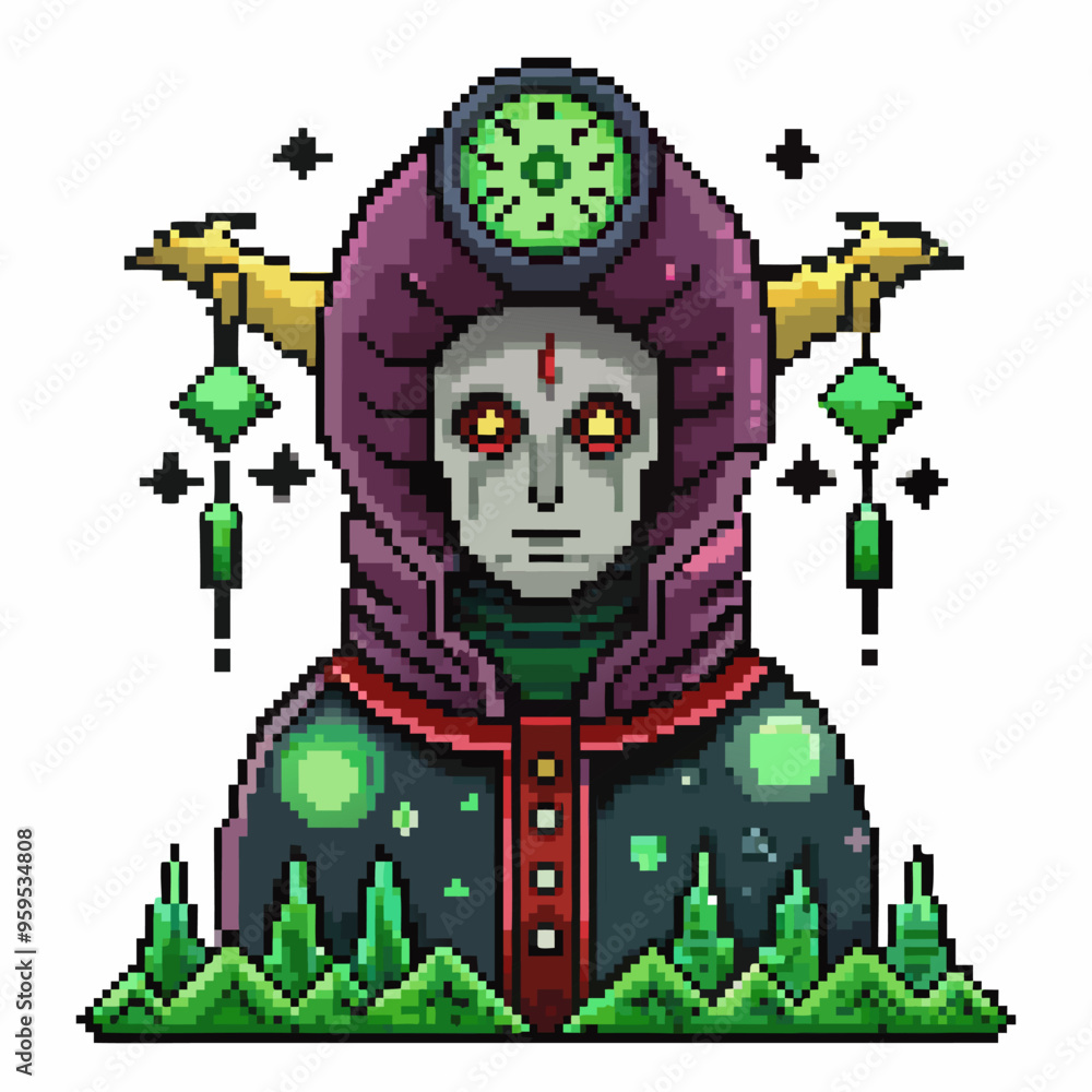 Pixel Art Alien Mystic with Hood and Glowing Symbols Retro Futuristic ...