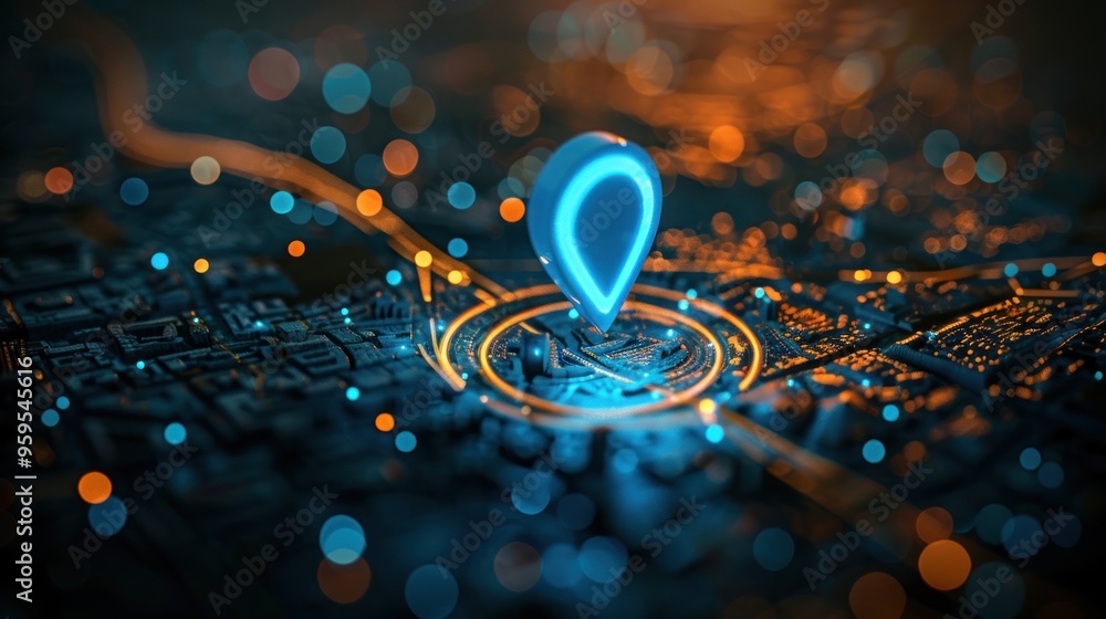 Glowing location pin on abstract city map, futuristic technology concept of geolocation ...