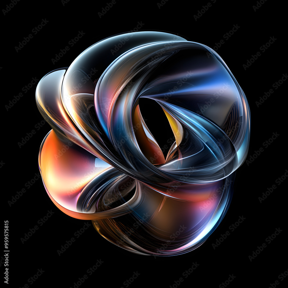 Abstract chromatic 3D shape with holographic neon effect in blue-silver ...