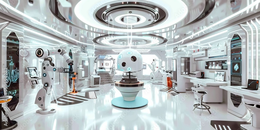 Interior design concept of a high-tech lab with glass walls, floating ...