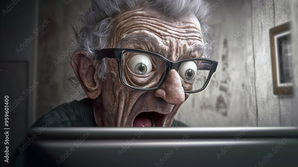 Shocked old man caricature with bulging eyes staring at a computer ...