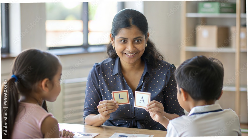 An Indian teacher using flashcards to teach young children, enhancing ...