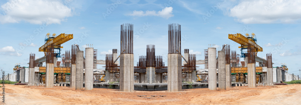 Panorama aerial view of Concrete bridge pillars of the bridge in China ...