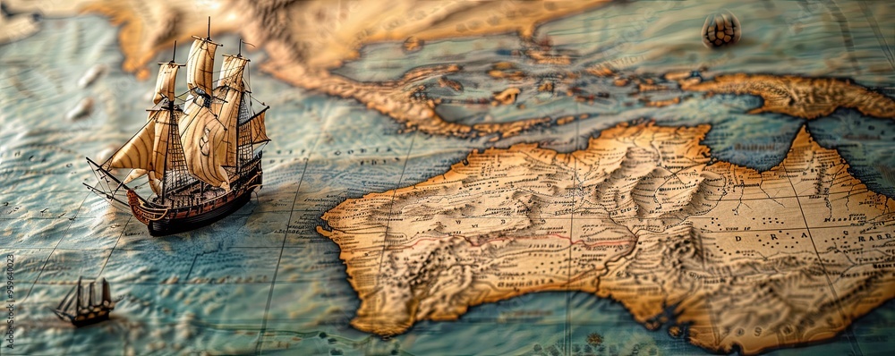 Vintage nautical map with old sailing ship models exploring the world ...