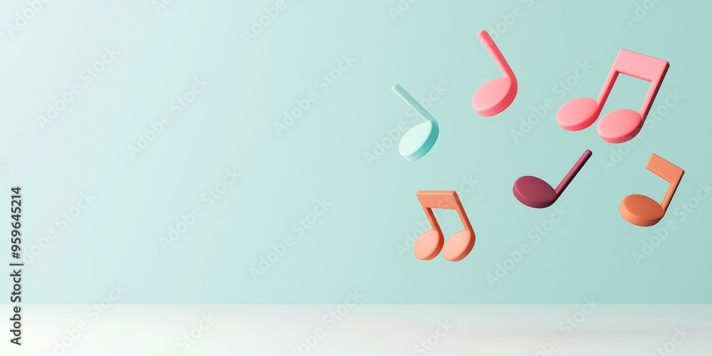 abstract pastel music notes on soft blue background with white space ...